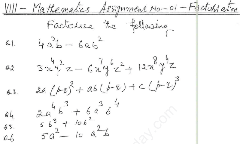 CBSE Class 8 Mathematics Factorisation Assignment Set I